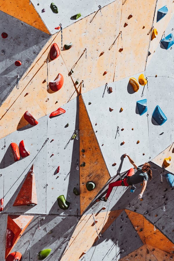 One Caucasian Man Professional Rock Climber Practicing Alone at ...