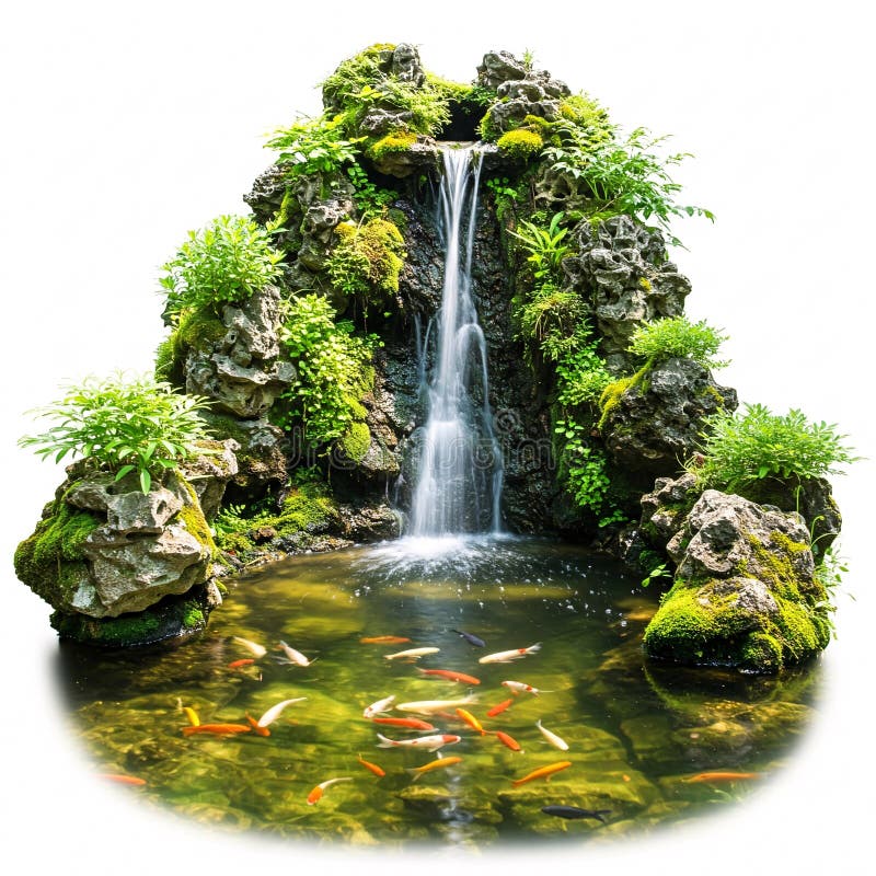 Artificial Waterfall with Decorative Pond and Koi Fish, Isolated on a ...