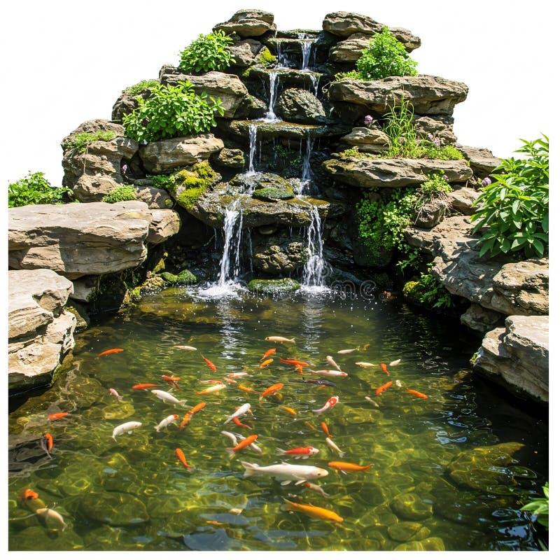 Artificial Waterfall with Decorative Pond and Koi Fish, Isolated on a ...
