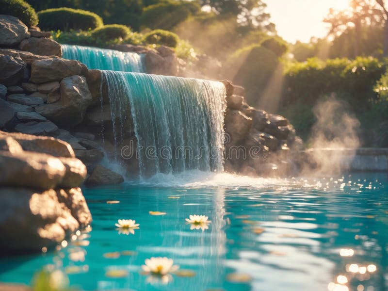 Artificial Waterfall Flowing into Turquoise Swimming Pool on Sunny Day ...