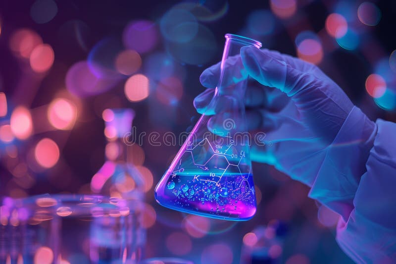 Colorful Chemical Experiment in Lab with Vibrant Lights and a Beaker of ...