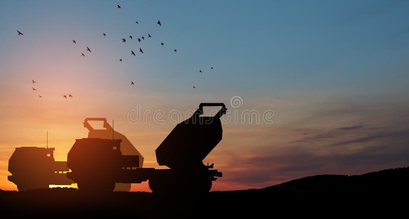 Artillery Rocket System are Aimed To the Sky at Sunset. Multiple Launch ...