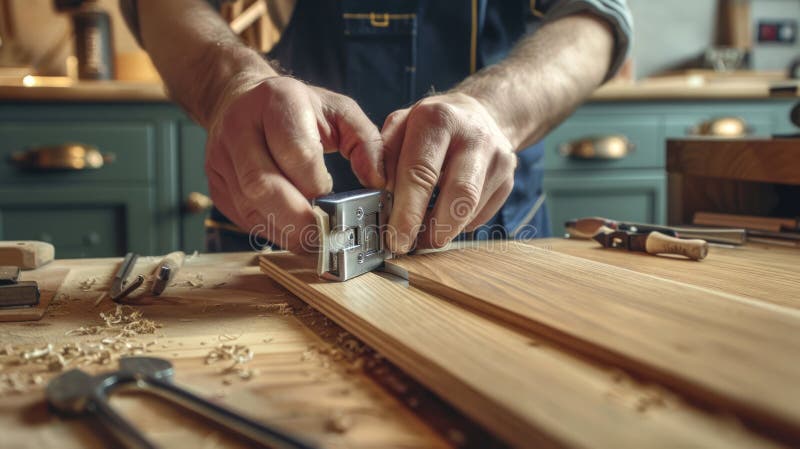 Artisan Aligning a Cabinet Hinge in a Workshop. Precise Manual ...