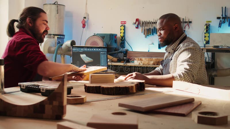 Woodworking Experts in Studio Crosschecking Wooden Object with ...