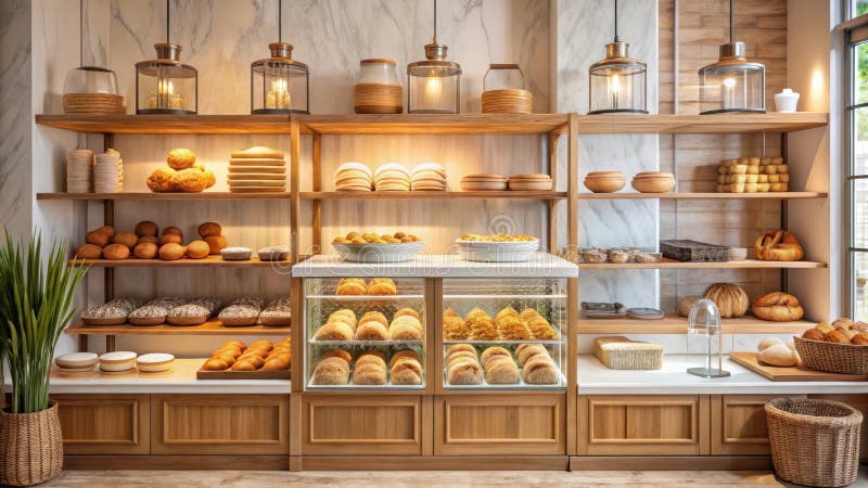 Artisan Bakery Display Warm Lighting, Wooden Shelving, and an Array of ...