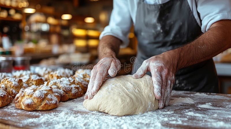 Artisan Baking Process: Hands Kneading Dough on Floured Surface for ...