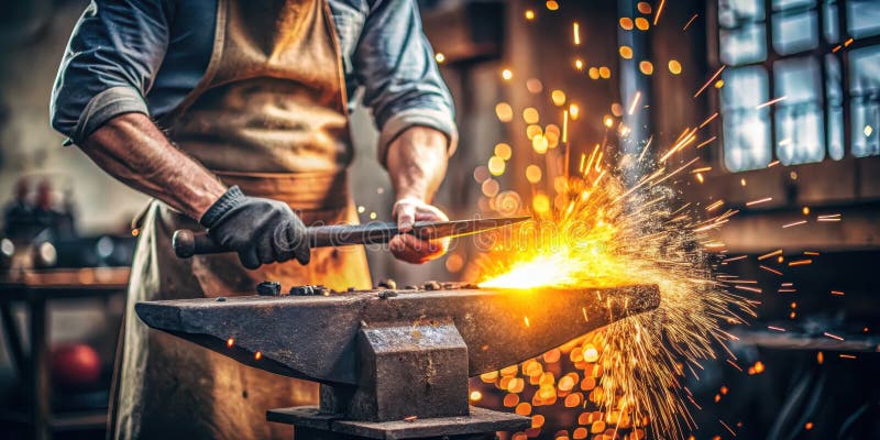 Artisan Blacksmith Forging Metal on Anvil with Sparks. Generative AI ...