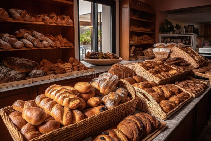 Artisan Bread Bakery, with Rows of Freshly Baked Breads and Pastries ...
