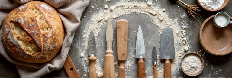 Artisan Bread and Baking Tools on Rustic Kitchen Counter Stock Image ...
