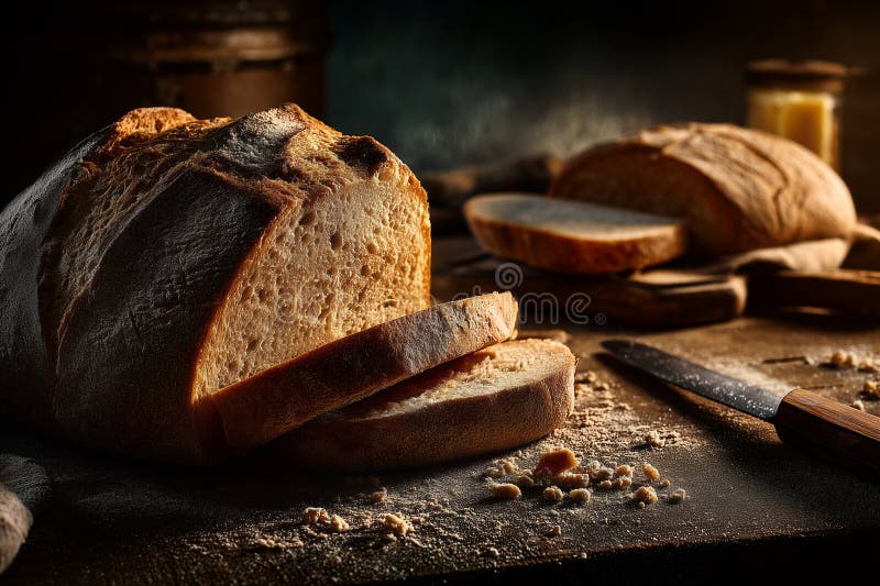 Artisan Bread in a Dark, Moody Bakery Scene, Highlighted by Dramatic ...