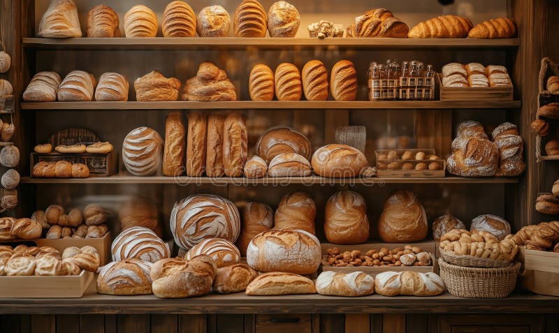 Artisan Bread Display in Bakery with Various Types of Freshly Baked Loaves and Pastries Stock ...