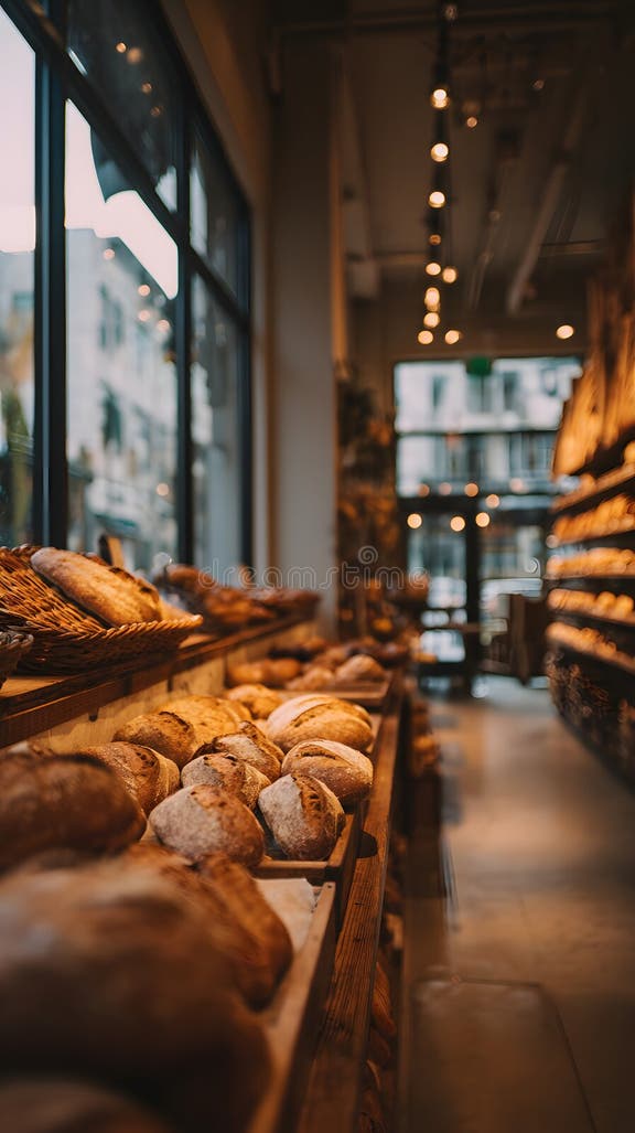 Artisan Bread Displayed at a Bakery, Lit by Natural Light and Ambient ...