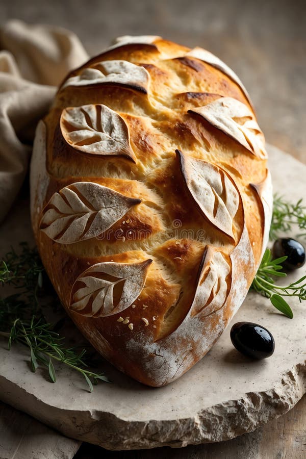 Artisan Bread Loaf with Leaf Design and Olives on Stone Stock ...