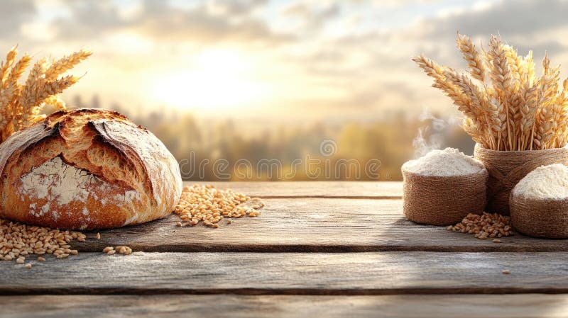 Artisan Bread and Wheat Grains on Rustic Wooden Table at Sunrise Stock ...