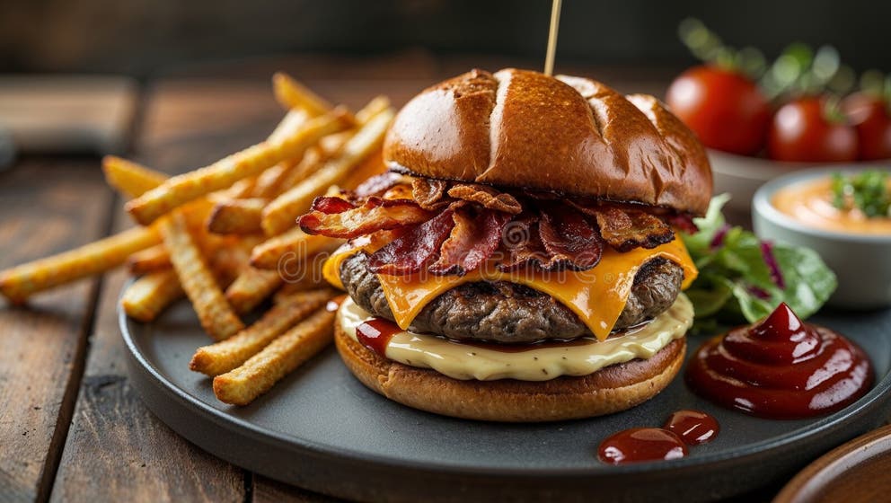 Artisan Burger Temptation with Classic Side. Stock Photo - Image of ...
