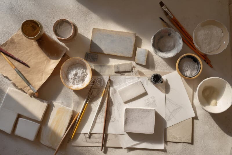 Artisan Ceramic Workspace with Brushes, Pigment Powder, Clay Blocks ...
