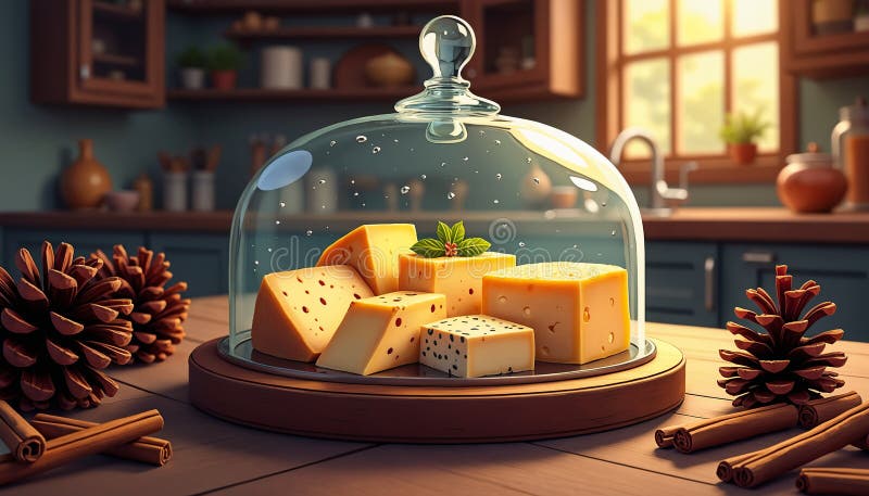 Artisan Cheese Display in Cozy Kitchen Setting Stock Illustration ...