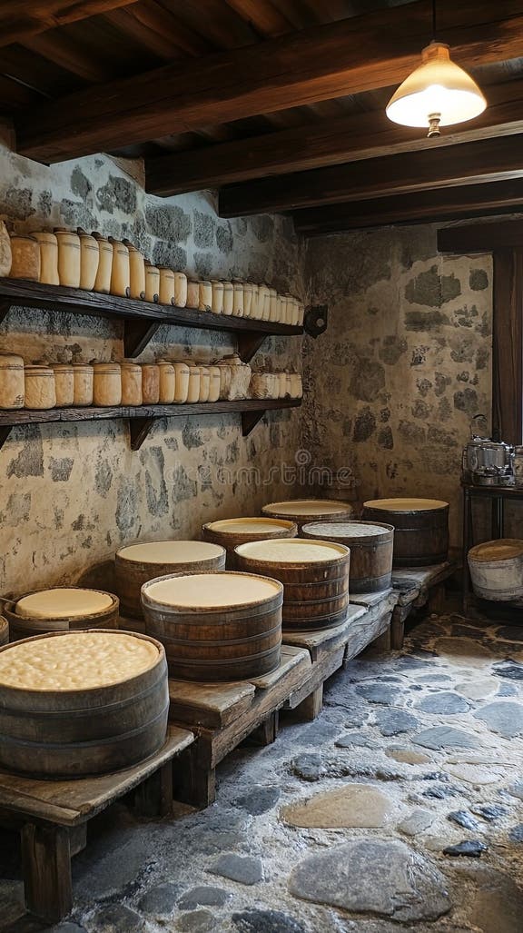 An Artisan Cheese-making Process with Large Vats and Aged Wheels on ...