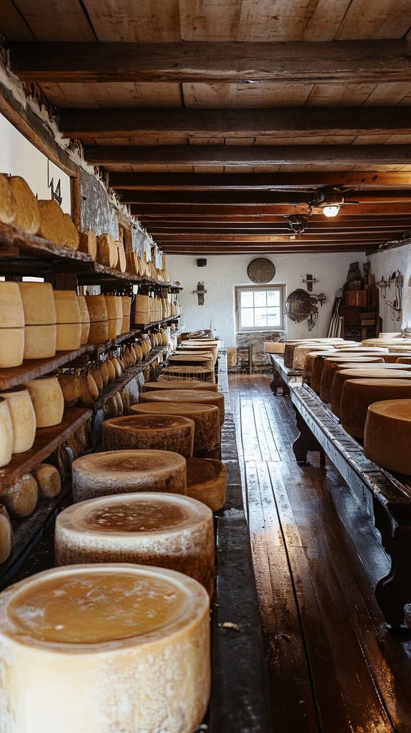 An Artisan Cheese-making Process with Large Vats and Aged Wheels on ...
