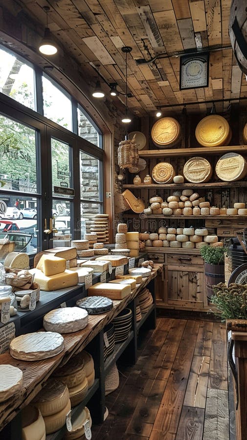 Artisan Cheese Shop with Aged Wheels and a Tasting Counter Stock Photo ...