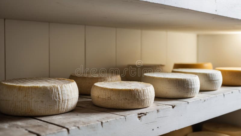 Artisan Cheese Wheels Aging on Wooden Shelves in a Cheese Cellar. Stock ...
