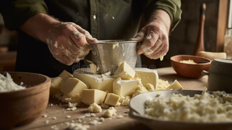 Artisan Cheesemaker at Work with Fresh Cheese Curds and Blocks in a Rustic Kitchen Stock ...