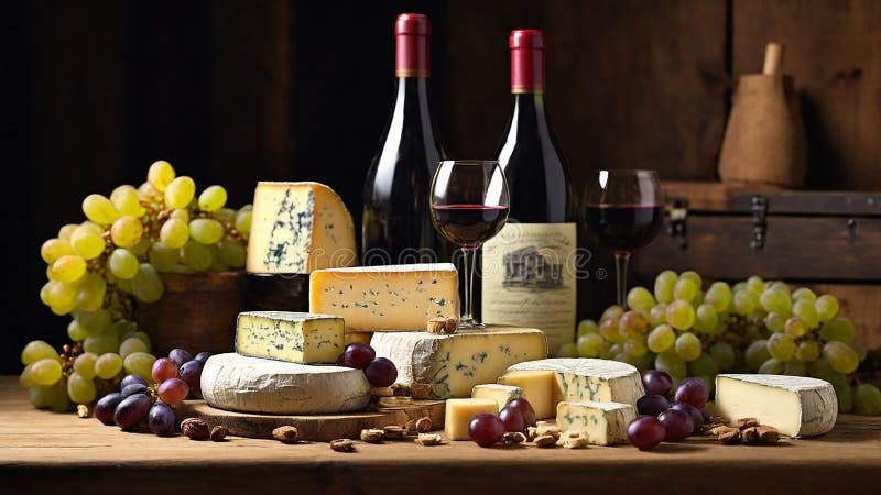 Artisan Cheeses, Wine Bottles, and Clusters of Grapes Arrange on a ...