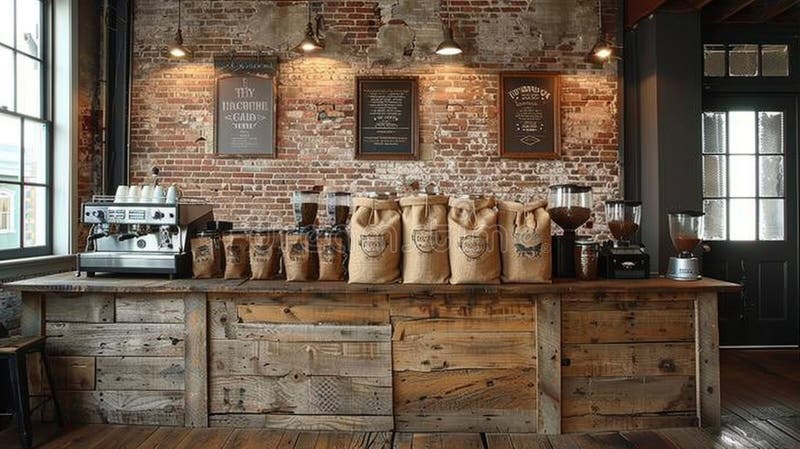Artisan Coffee Roaster with Exposed Brick and Burlap Coffee Bags Stock ...