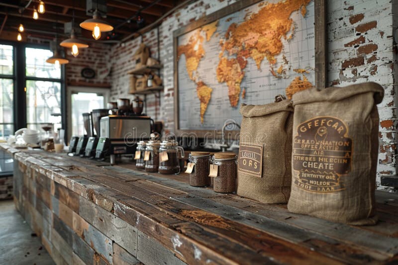 Artisan Coffee Roaster with Exposed Brick and Burlap Coffee Bags Stock ...
