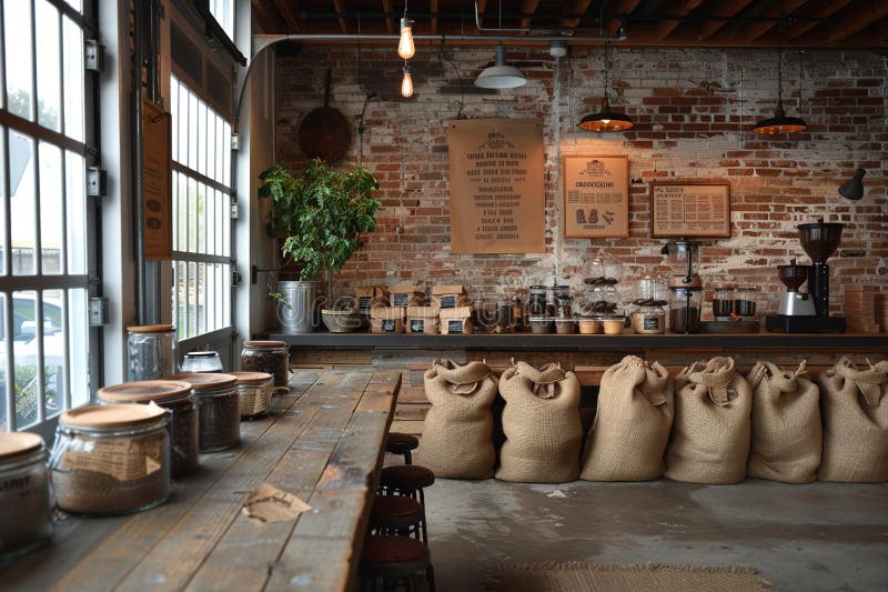 Artisan Coffee Roaster with Exposed Brick and Burlap Coffee Bags Stock ...
