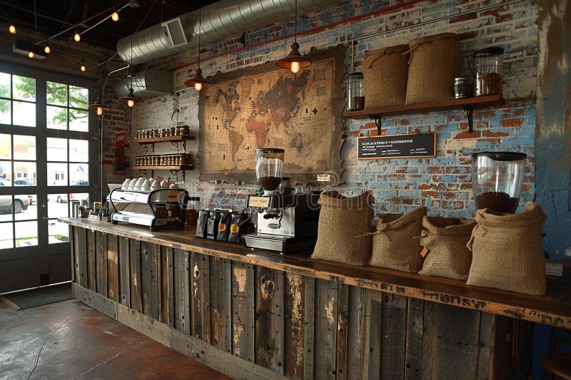 Artisan Coffee Roaster with Exposed Brick and Burlap Coffee Bags Stock ...