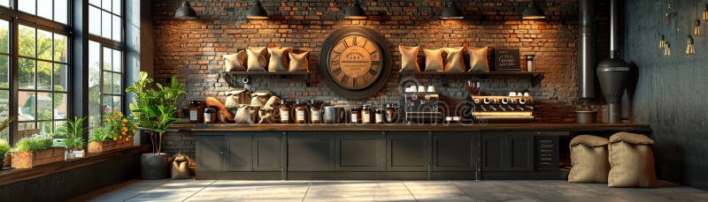 Artisan Coffee Roaster with Exposed Brick and Burlap Coffee Bags3D ...