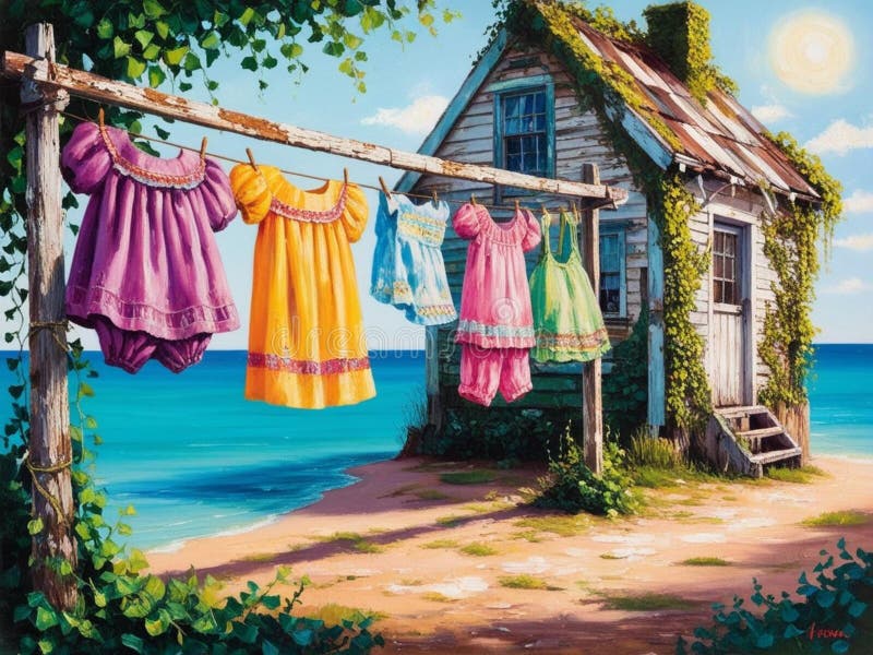 Artisan Cottage and Washing Line by the Sea Stock Illustration ...