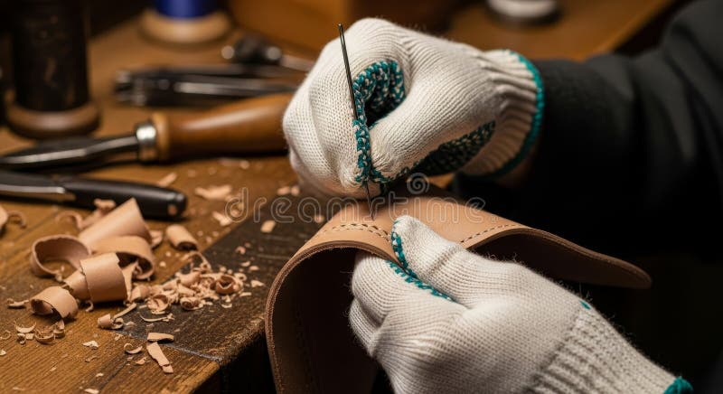 Artisan Crafting Leather Shoe with Precision Handsewing Technique Stock ...