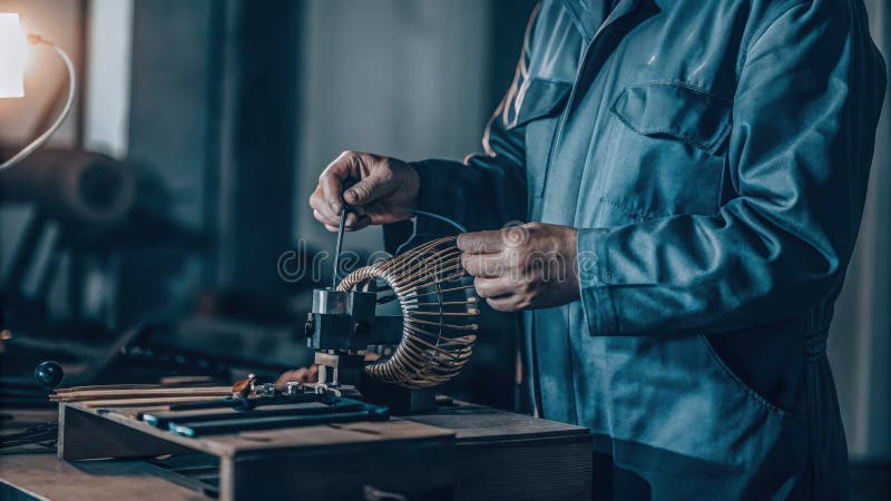 An Artisan Craftsman in Blue Coveralls Skillfully Assembling Components ...