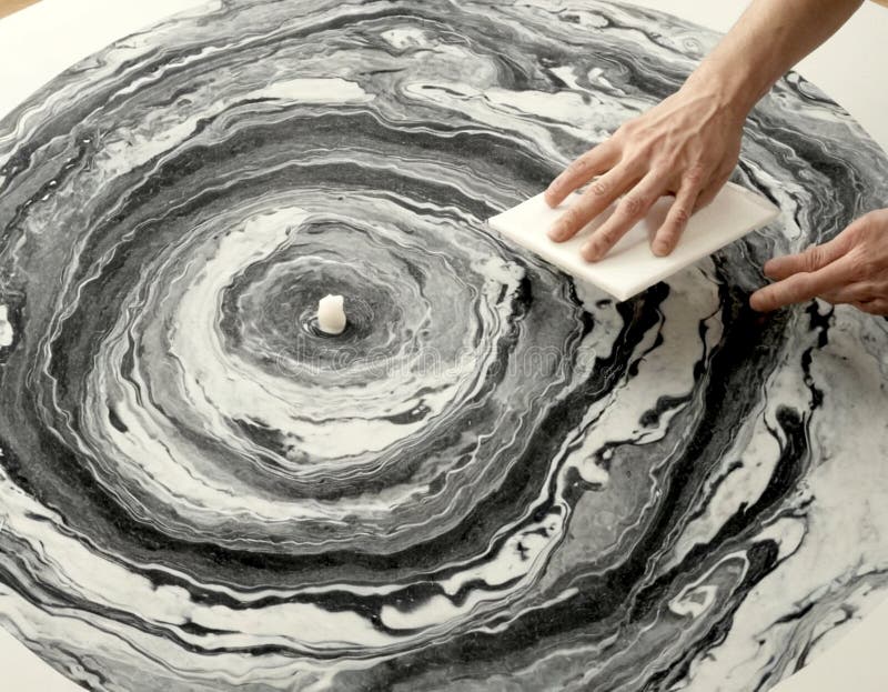 Artisan Creating Abstract Marble Swirl Design on Canvas in a Well-lit Studio Stock Illustration ...