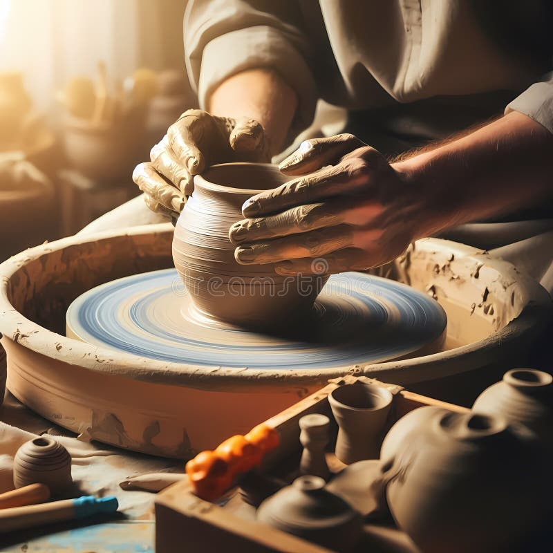 Artisan Creating Ceramic Pot on Spinning Pottery Wheel in Workshop ...
