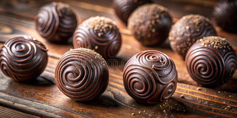 Artisan Dark Chocolate Truffles with Swirl Design on Rustic Wood ...