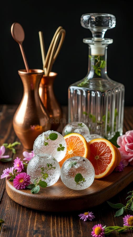 Artisan Drinks Setup with Infused Ice Balls and Botanicals on Wooden ...