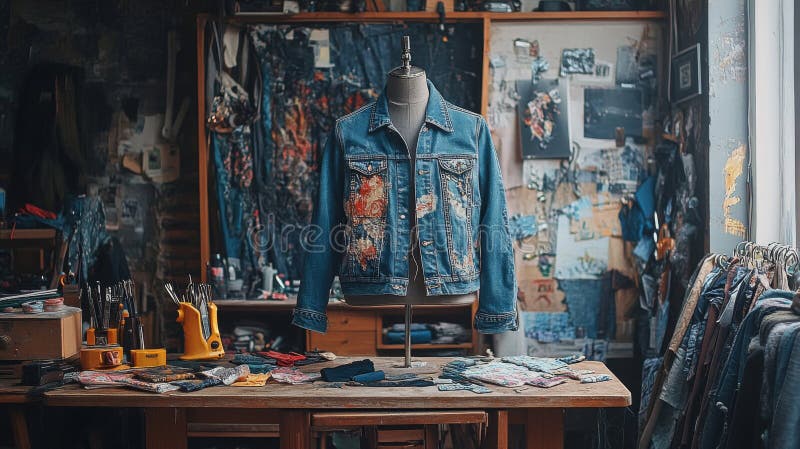 Artisan Embroidered Denim Jacket in a Creative Studio Setting Stock ...