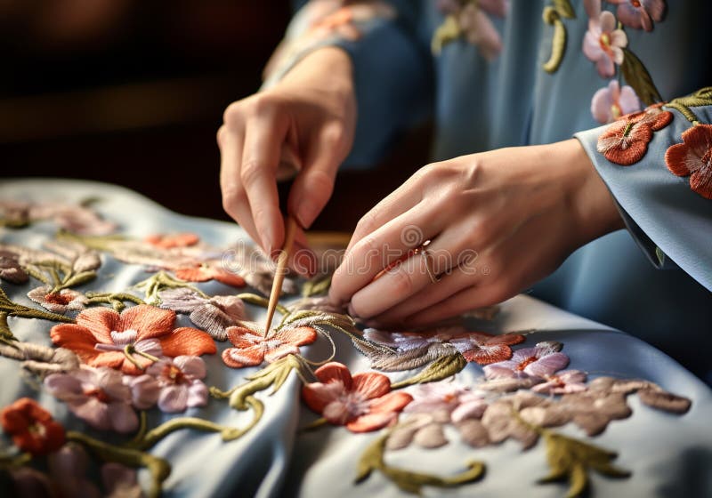 Artisan Embroidering Fabric with Colored Threads. Handmade. Traditional ...