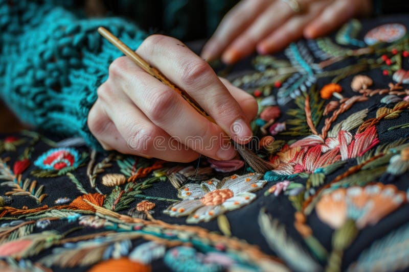 Artisan Embroidering Floral Pattern on Textile Stock Illustration ...