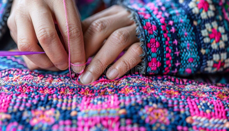 Artisan Embroidering Intricate Pattern on Fabric with Close Up of ...
