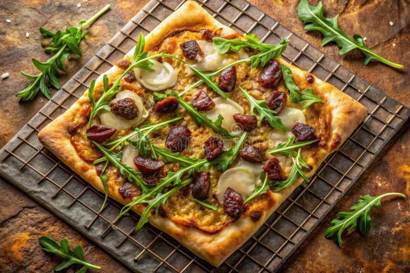 Artisan Flatbread with Roasted Vegetables and Greens on a Cooling Rack ...