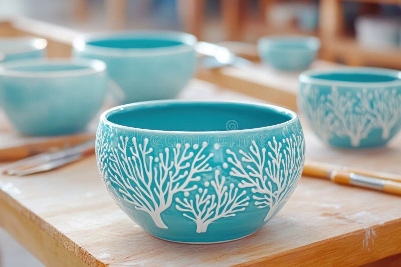 Artisan Carefully Paints a Turquoise Ceramic Bowl with Coral Patterns ...