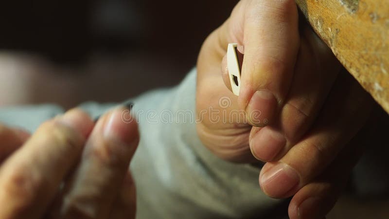 Hands Luthier Archetier Making a New Viola Bow at Workshop Workbench ...