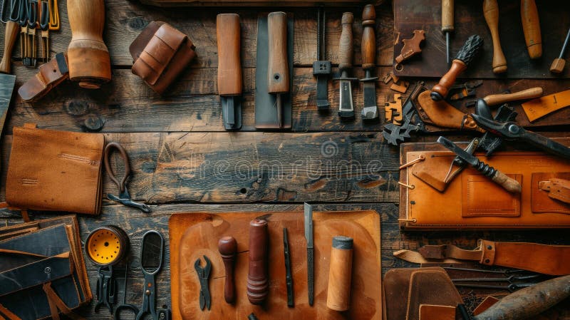 Artisan Leather Craftsman Workspace with Tools and Handmade Goods Stock ...