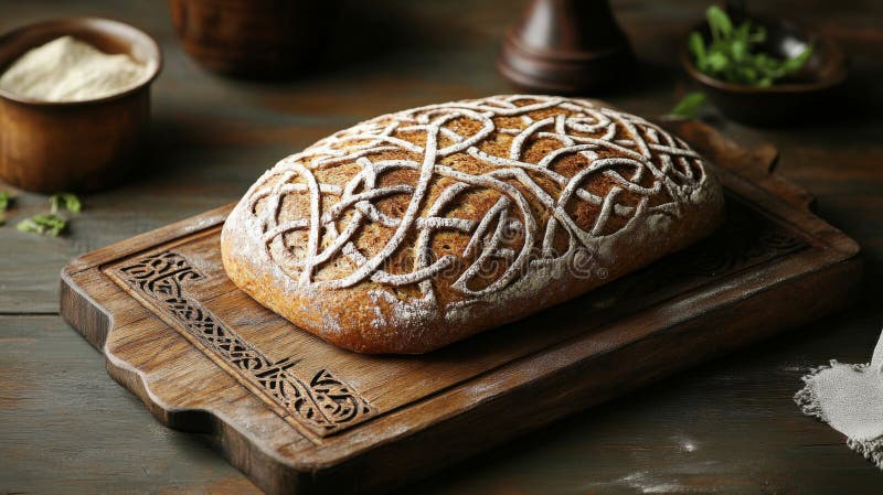 Artisan Loaf of Bread with Celtic Knot Design on Wooden Board Stock ...