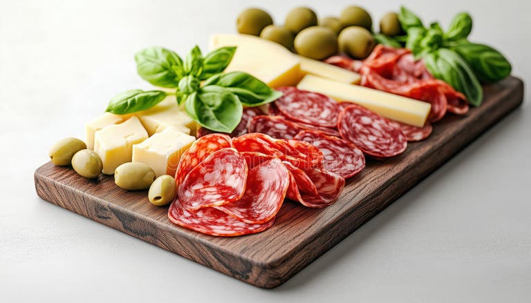 Artisan Meat and Cheese Platter with Basil and Olives on a Rectangular ...