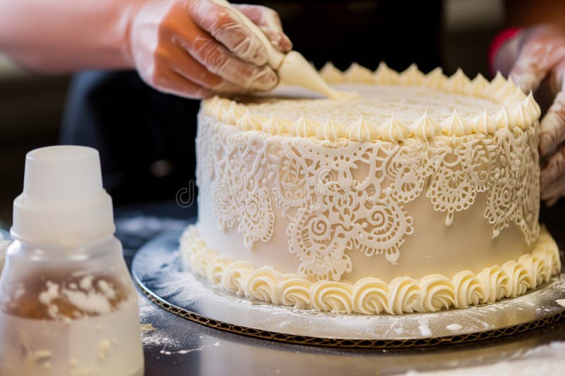 Artisan Piping Intricate Lace Patterns with Icing on a Cake Stock Image ...